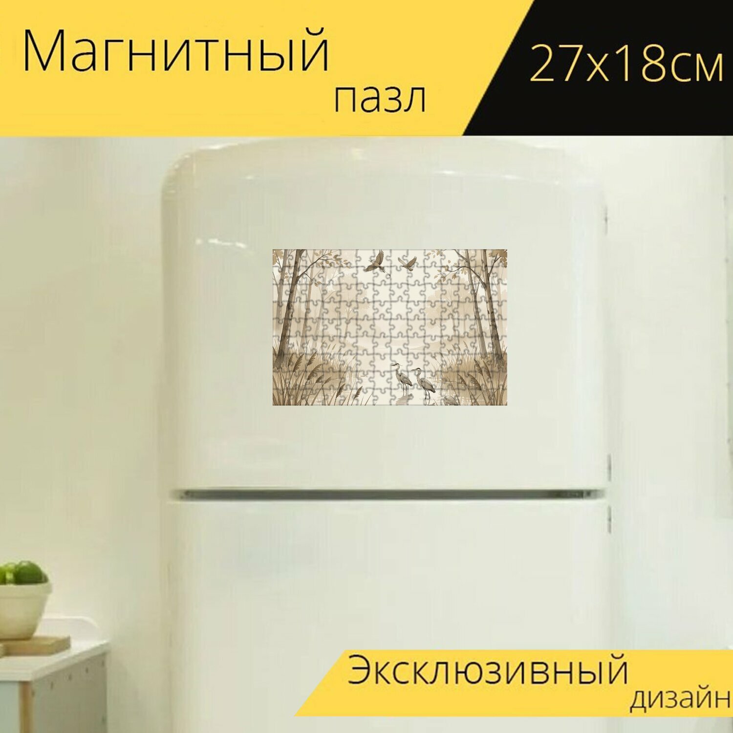 Магнитный пазл "Лесное озеро с цаплями. Туманный болотный пейзаж с журавлями у воды и птицами в небе. Нежная бежевая гамма, акварельная графика." на холодильник 27 x 18 см.