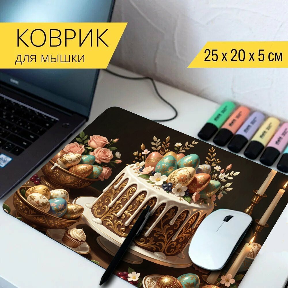 Коврик для мыши с принтом "Пасхальный кулич с расписными яйцами. Праздничная композиция в классическом живописном стиле: глазурь, декоративные узоры, свечи, розы, весенние." 25x20см.
