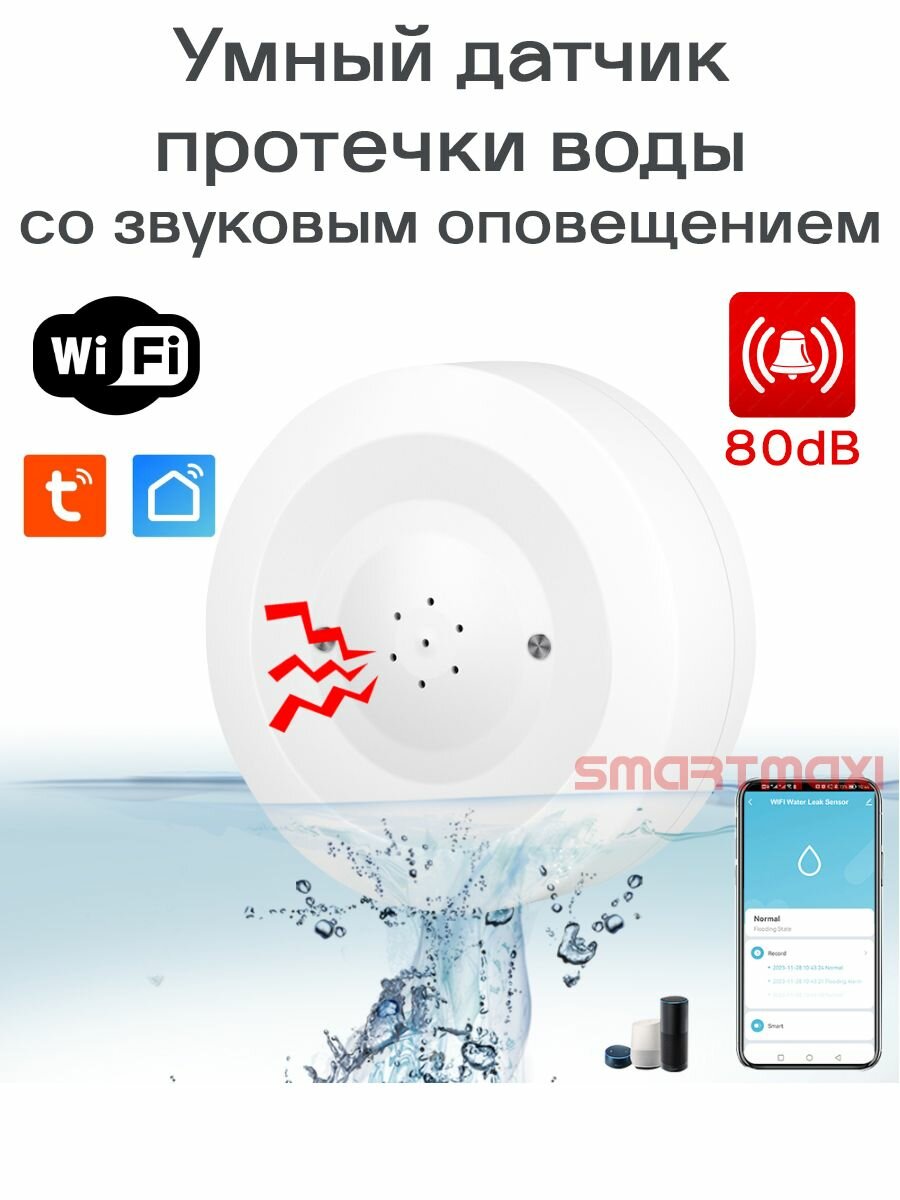 Умный датчик протечки воды Wi-Fi Tuya для умного дома с дистанционным контролем, белый