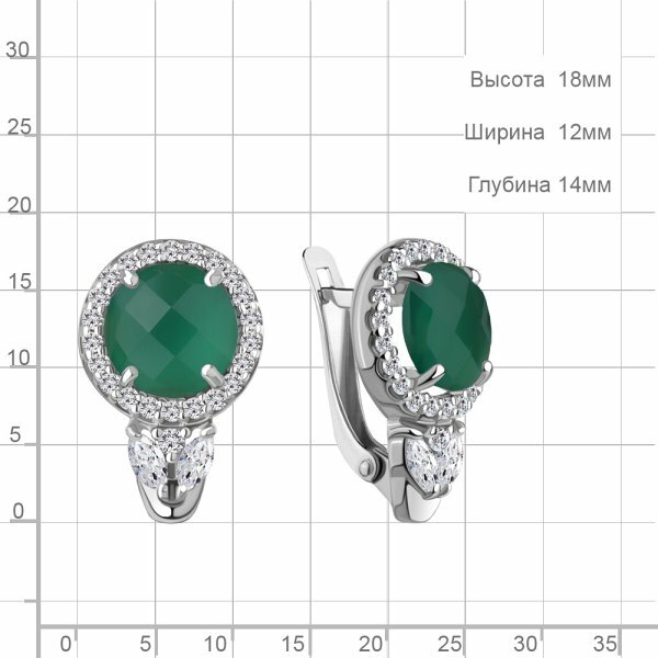 Серьги Abis, серебро, 925 проба, родирование, фианит, агат, длина 1.8 см, , зелeный — фото 1