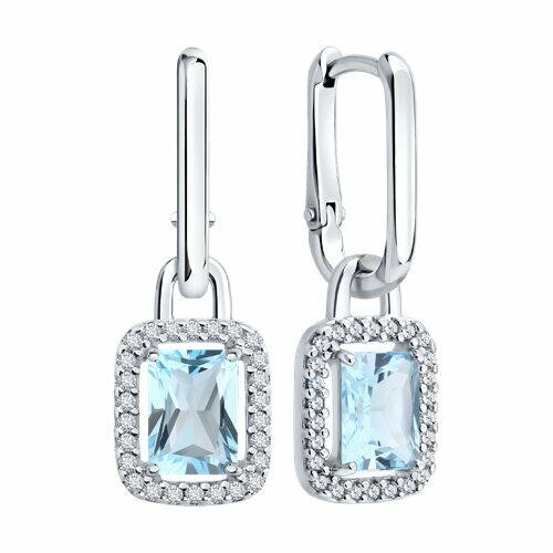 Серьги серебро, 925 проба, родирование, фианит, топаз, длина 2.8 см, , голубой — фото 1