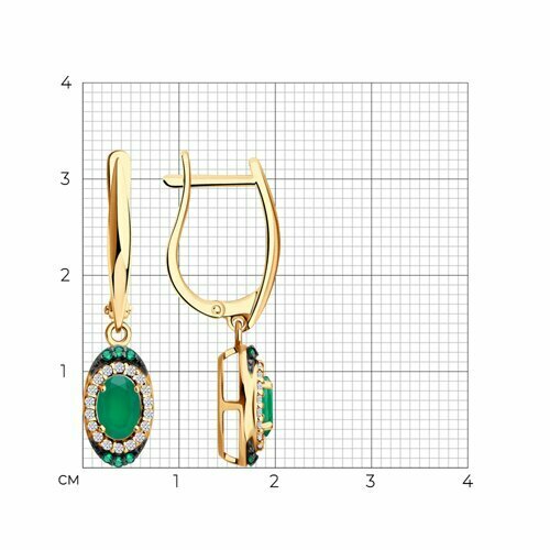 Серьги серебро, 925 проба, золочение, фианит, агат, длина 3.2 см, , зеленый — фото 1