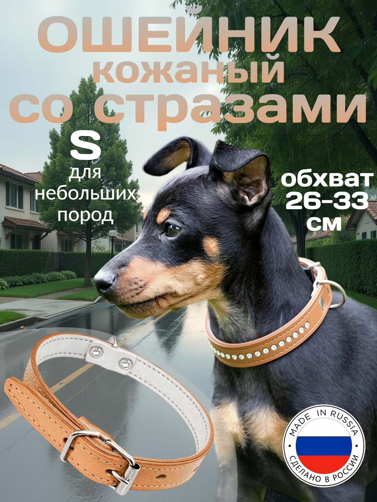 Кожаный ошейник для собак со стразами / для небольших пород