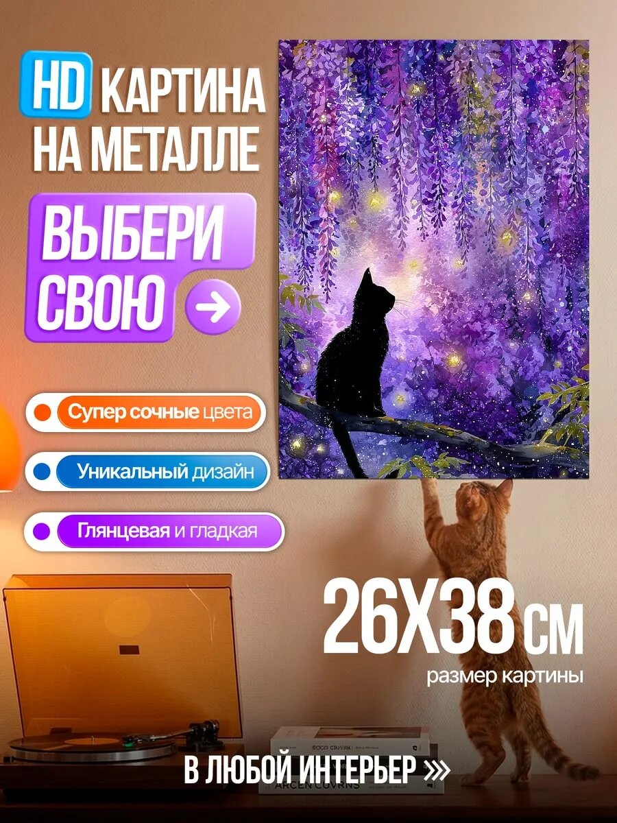 Картина на HD металле Черный кот в глицинии