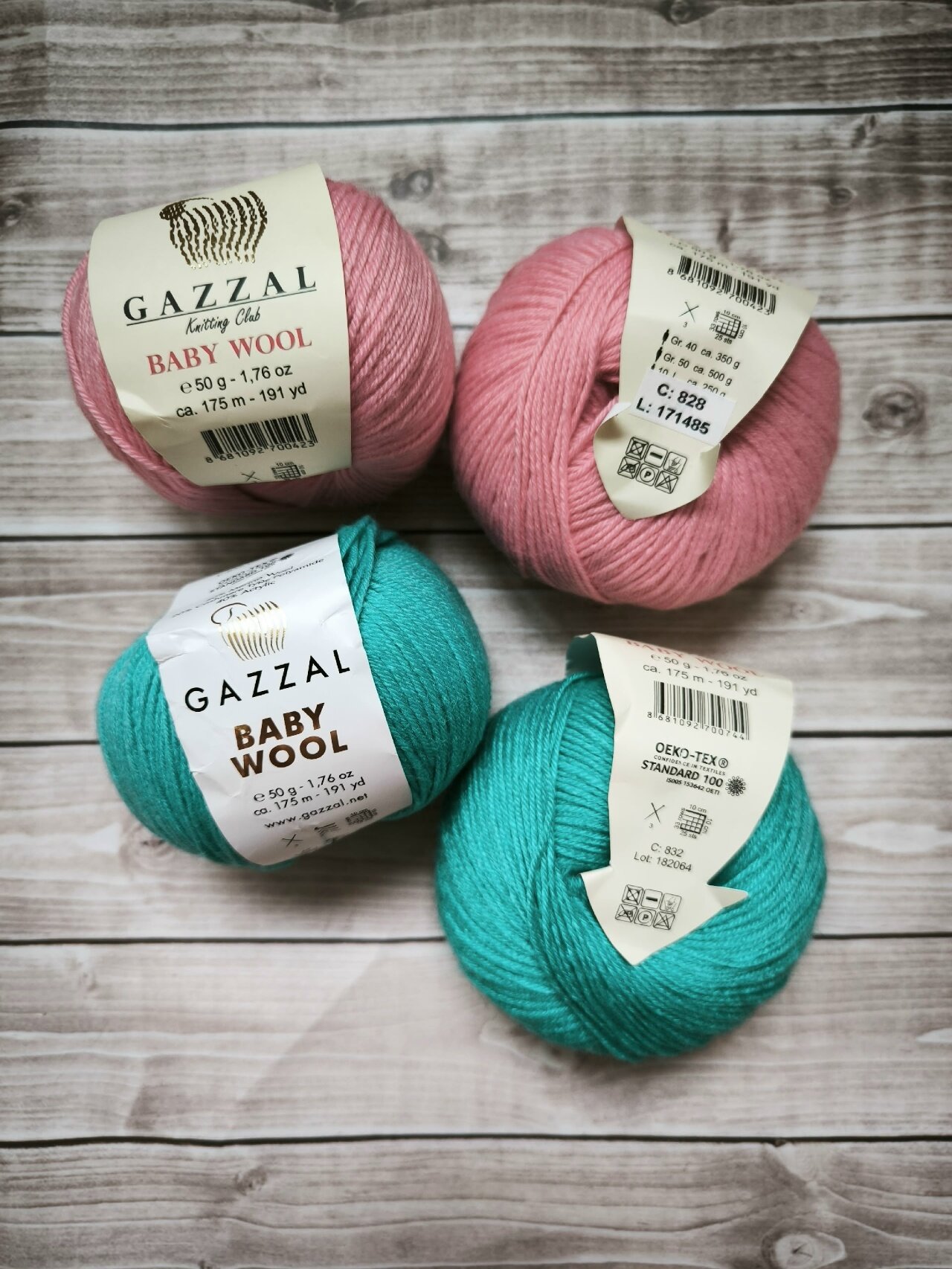 Пряжа Gazzal Baby wool, набор 4 мотка (бирюза, розовый), вес мотка 50 гр, длина нити 175 м / Газзал беби вул