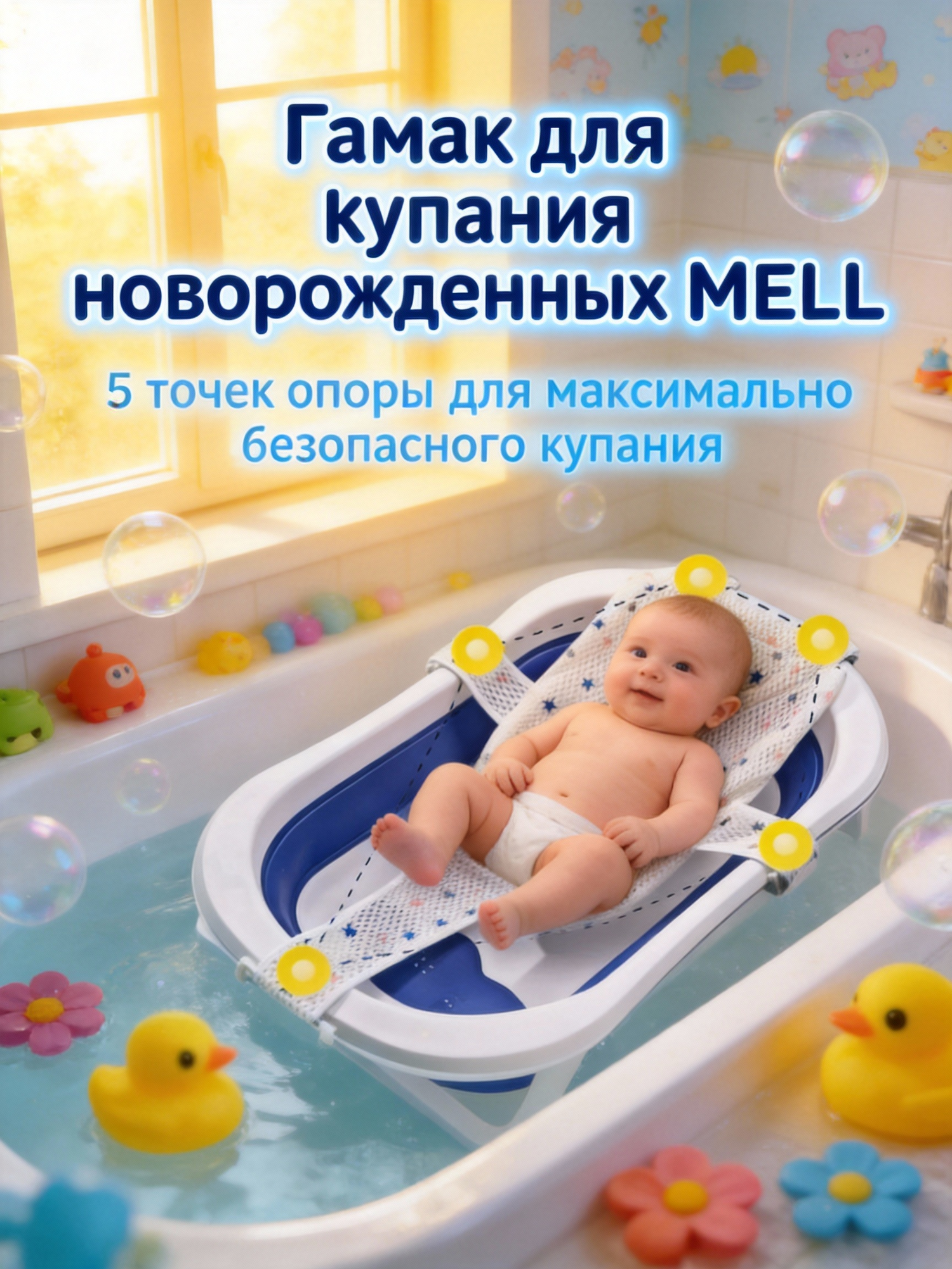 Гамак для купания новорожденных MELL, мягкая горка с креплениями для поддержки в ванночку, купальный матрасик подставка для мытья ребенка