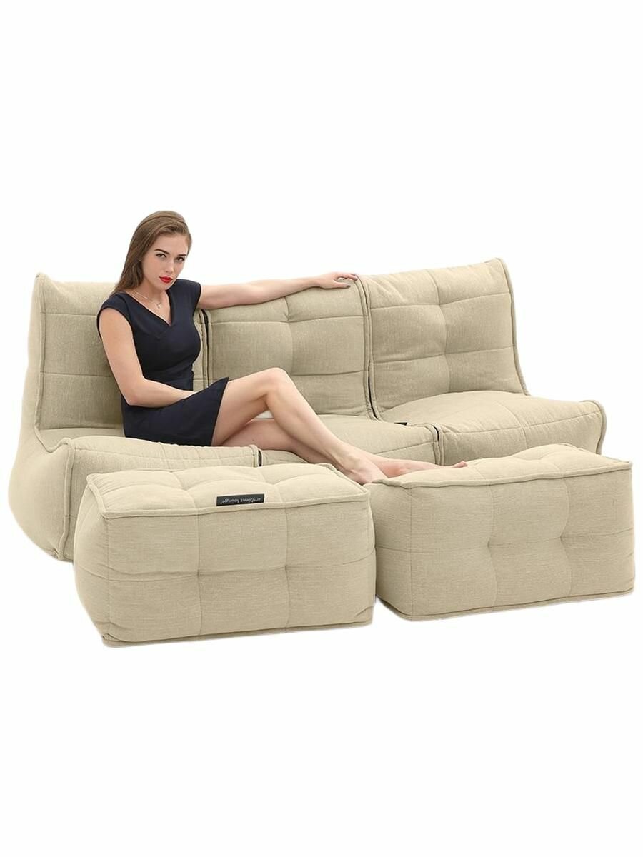 Бескаркасный диван с оттоманкой Mod3 Movie Couch Deluxe - Eco Weave (шенилл, бежевый) - для небольших помещений: для дома, дачи, офиса (нераскладной)