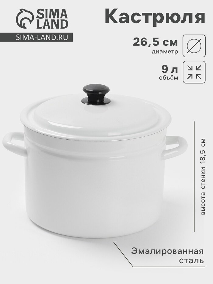 Кастрюля эмалированная, 9 л, d=26.5 см, с крышкой, без декора, белая