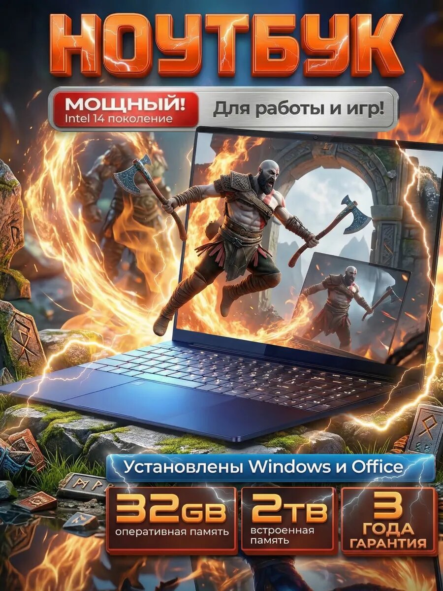 Ноутбук игровой 2026 Intel H-series, RAM 32GB, SSD 2048GB, IPS + Windows, Office