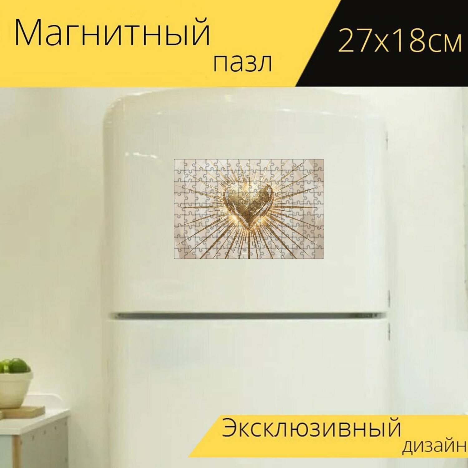 Магнитный пазл "Золотое сердце с лучами. Сияющий символ любви в центре абстрактной композиции, золотистое тиснение, световые вспышки, бежево-кремовый." на холодильник 27 x 18 см.