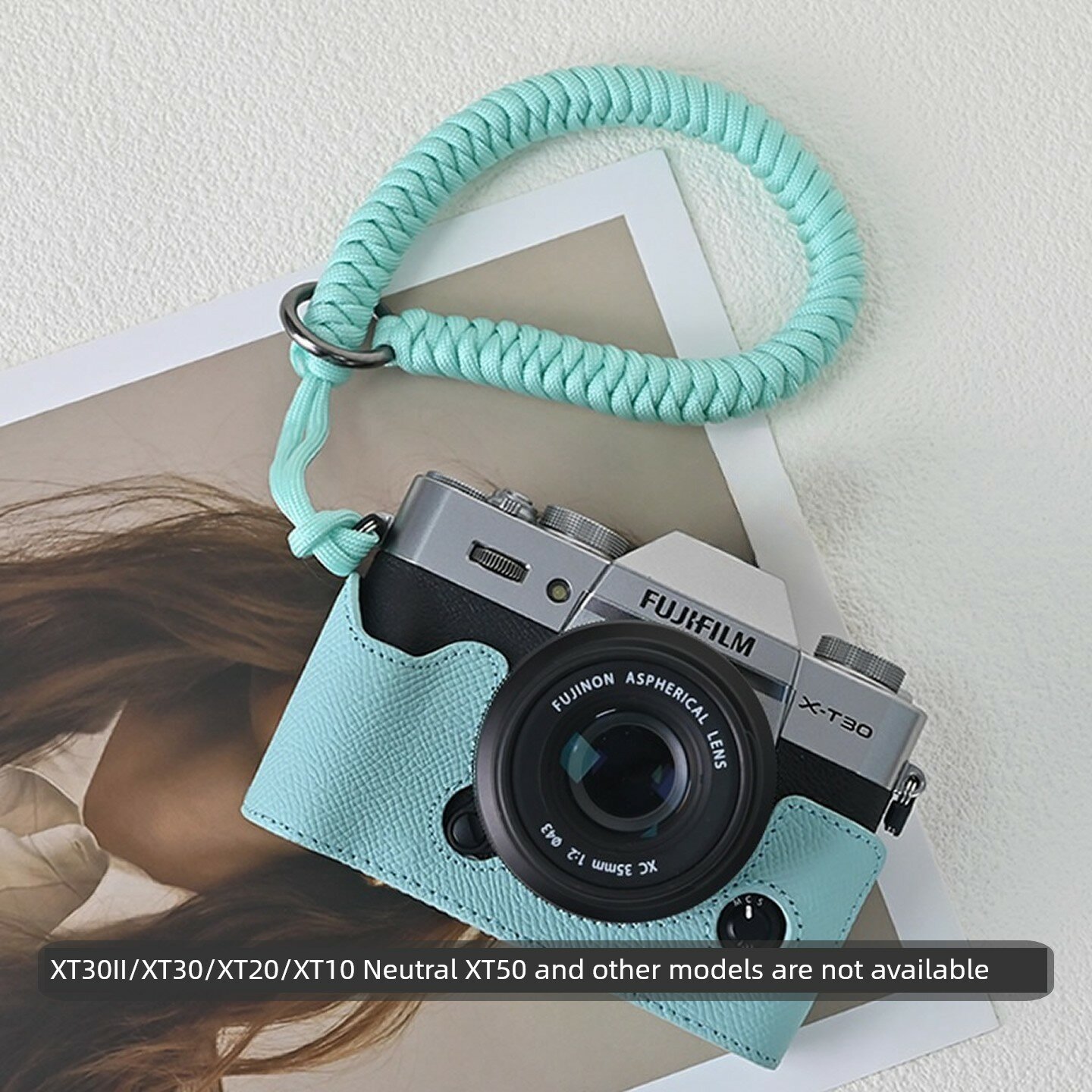 Кожаный чехол-основа с плетеным ремешком для камер Fujifilm XT30/XT20/XT10 цвет Тиффани-синий