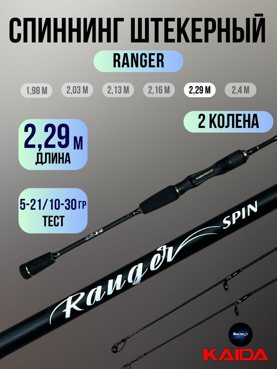 Спиннинг штекерный Kaida-Pro RANGER тест 5-21 / 10-30g с двумя хлыстами 2,29м Power MH Удочка рыболовная
