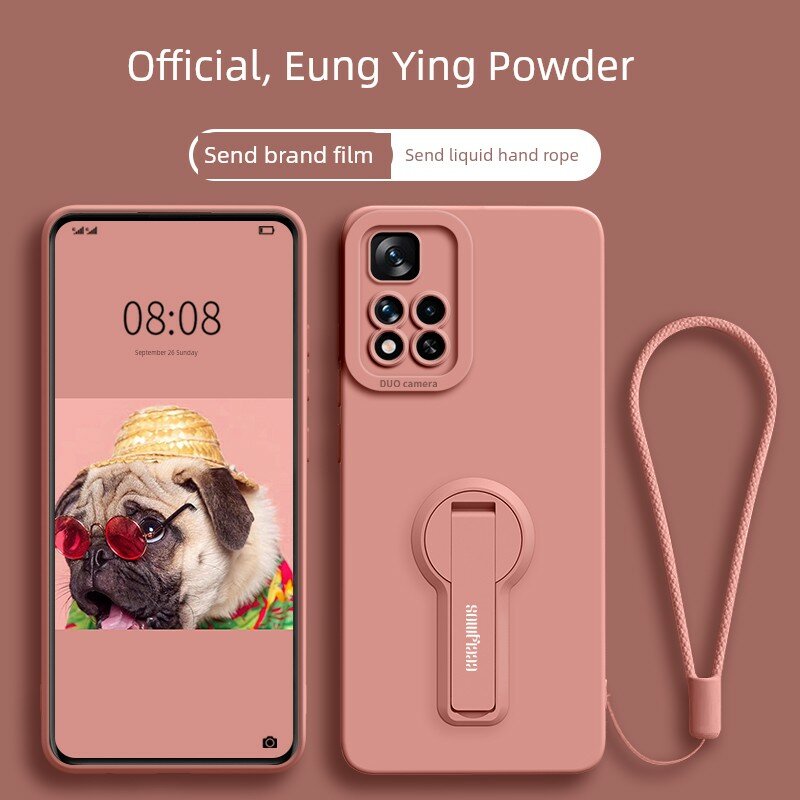 Жидкокремовый силиконовый чехол для Redmi Note 11T Pro+, вишнево-розовый с подставкой, шнуром и закаленным стеклом