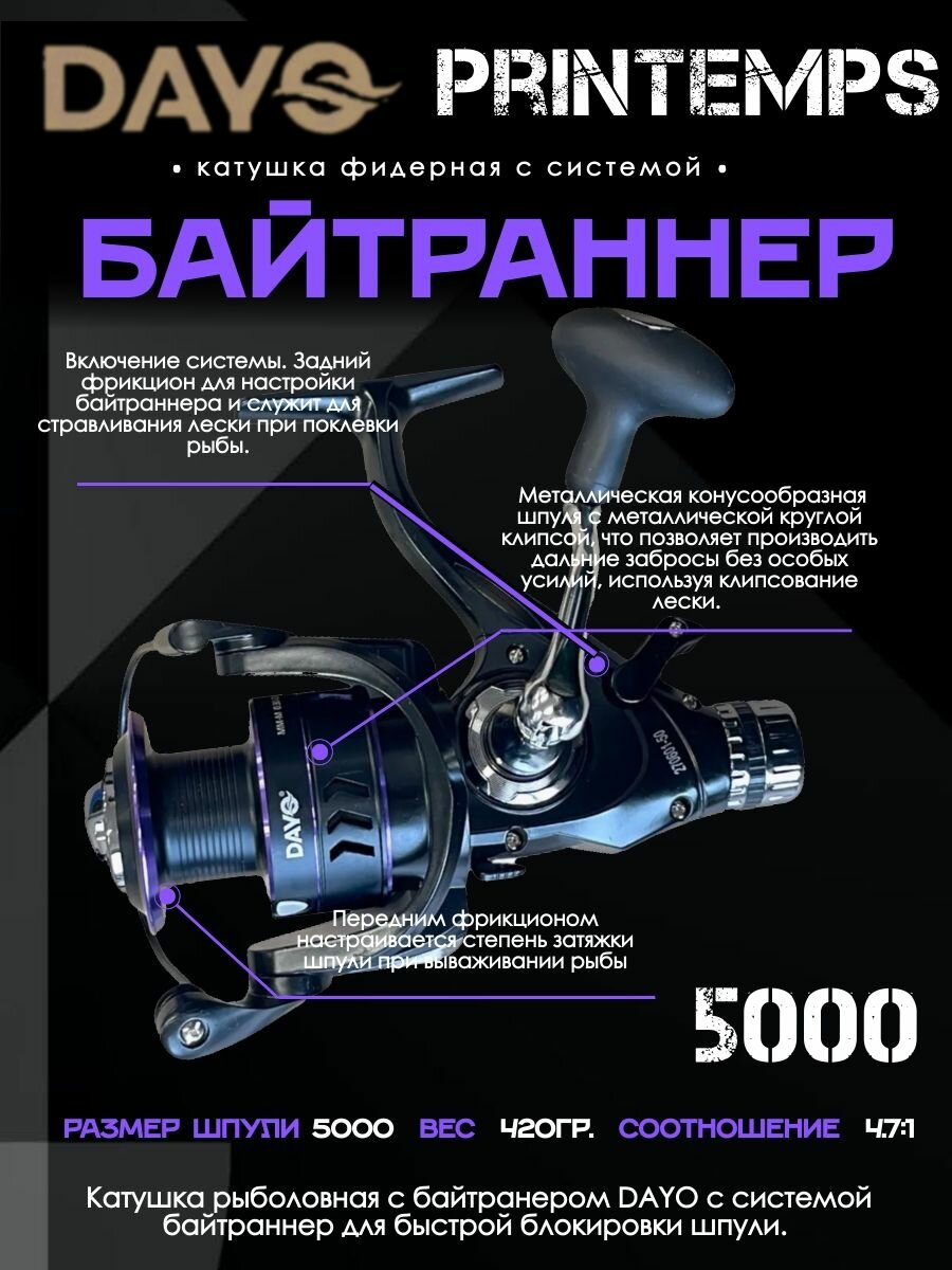 Рыболовная катушка DAYO PRINTEMPS, с байтраннером, универсальная, лесоемкость 0,3/220
