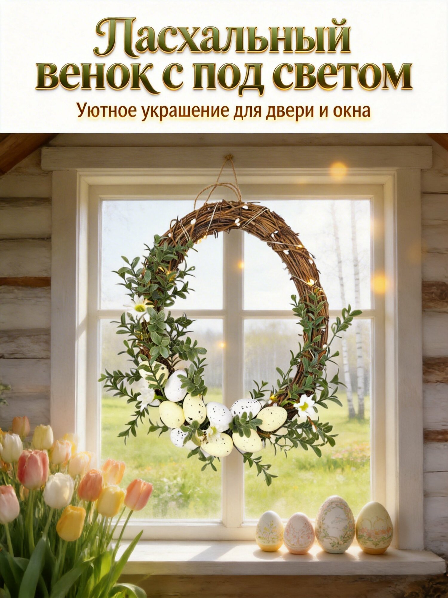 Пасхальный венок с подсветкой, теплый белый свет для дверей и окон, компактный декор 30x25x6 см
