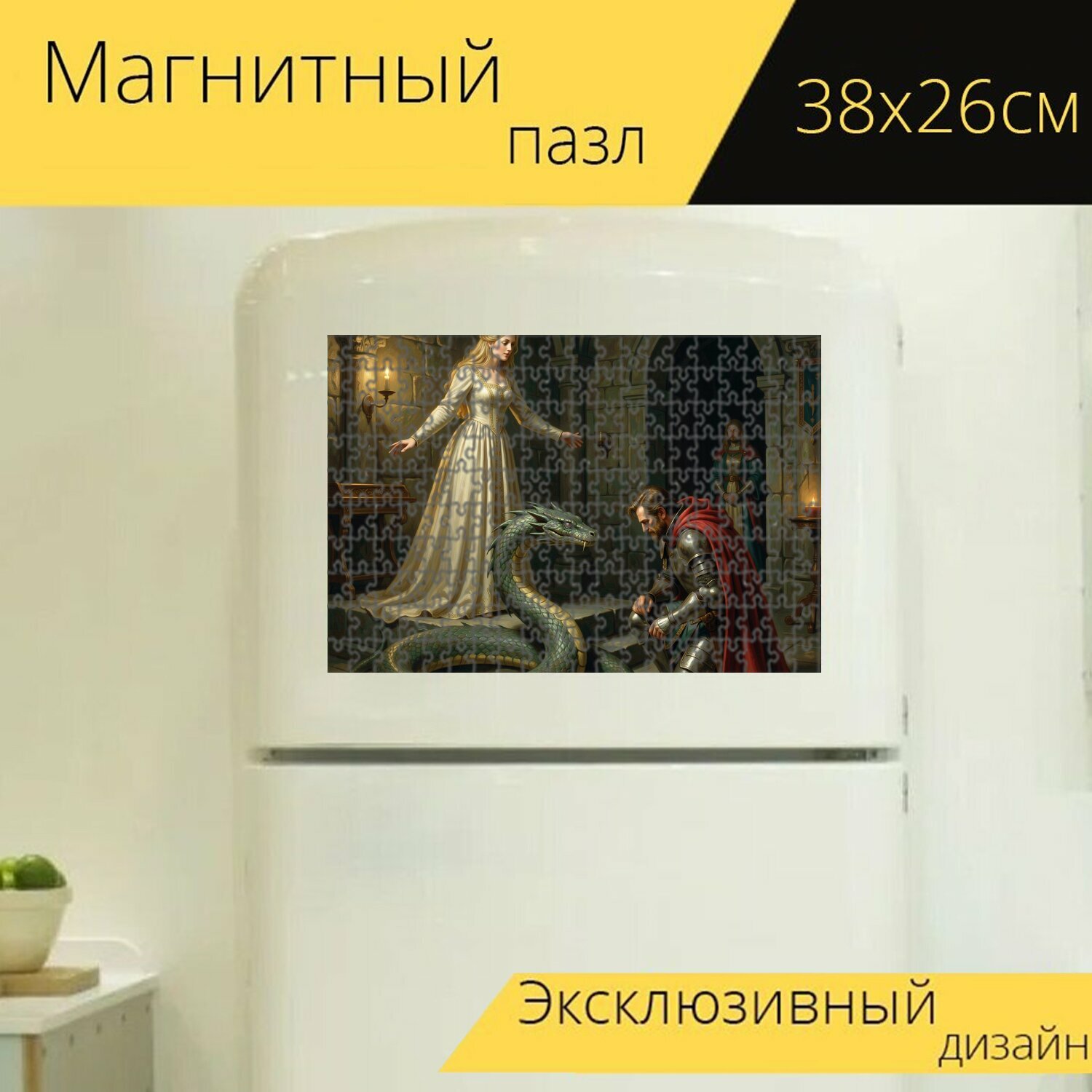 Магнитный пазл "Средневековая принцесса и дракон. Фэнтезийная сцена в старинном каменном зале: светловолосая девушка в белом одеянии, рыцарь на колене и." для интерьера, 38х26 см.