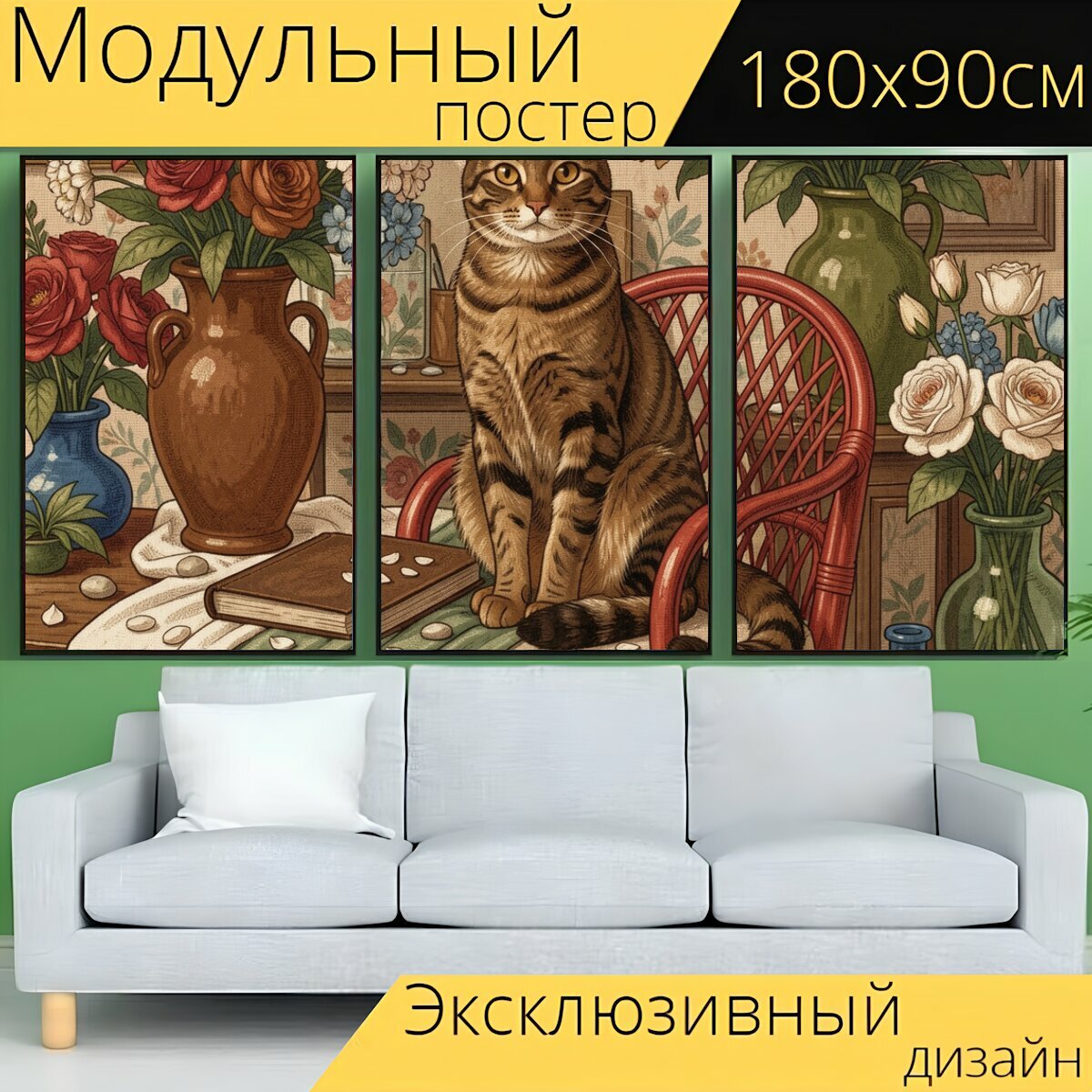 Модульный постер "Табби кот среди букетов. Уютная винтажная композиция: полосатый кот на плетёном стуле, вокруг пышные розы и другие." 180 x 90 см. для интерьера на стену в тубусе