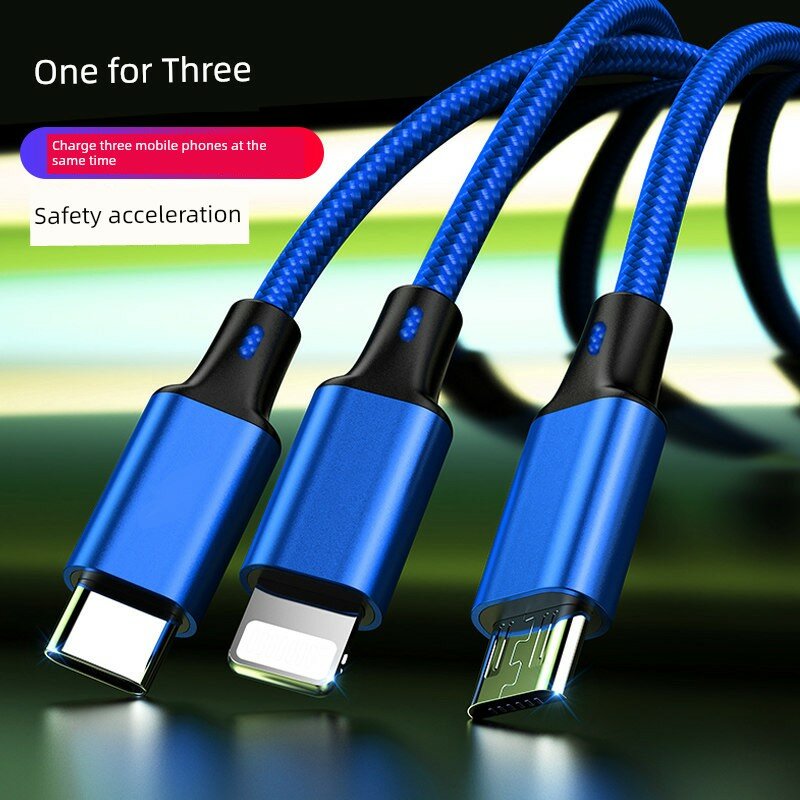 Тройной кабель зарядки USB-C с металлическими наконечниками, 3м, темно-синий - быстрая зарядка для iPhone, Samsung,