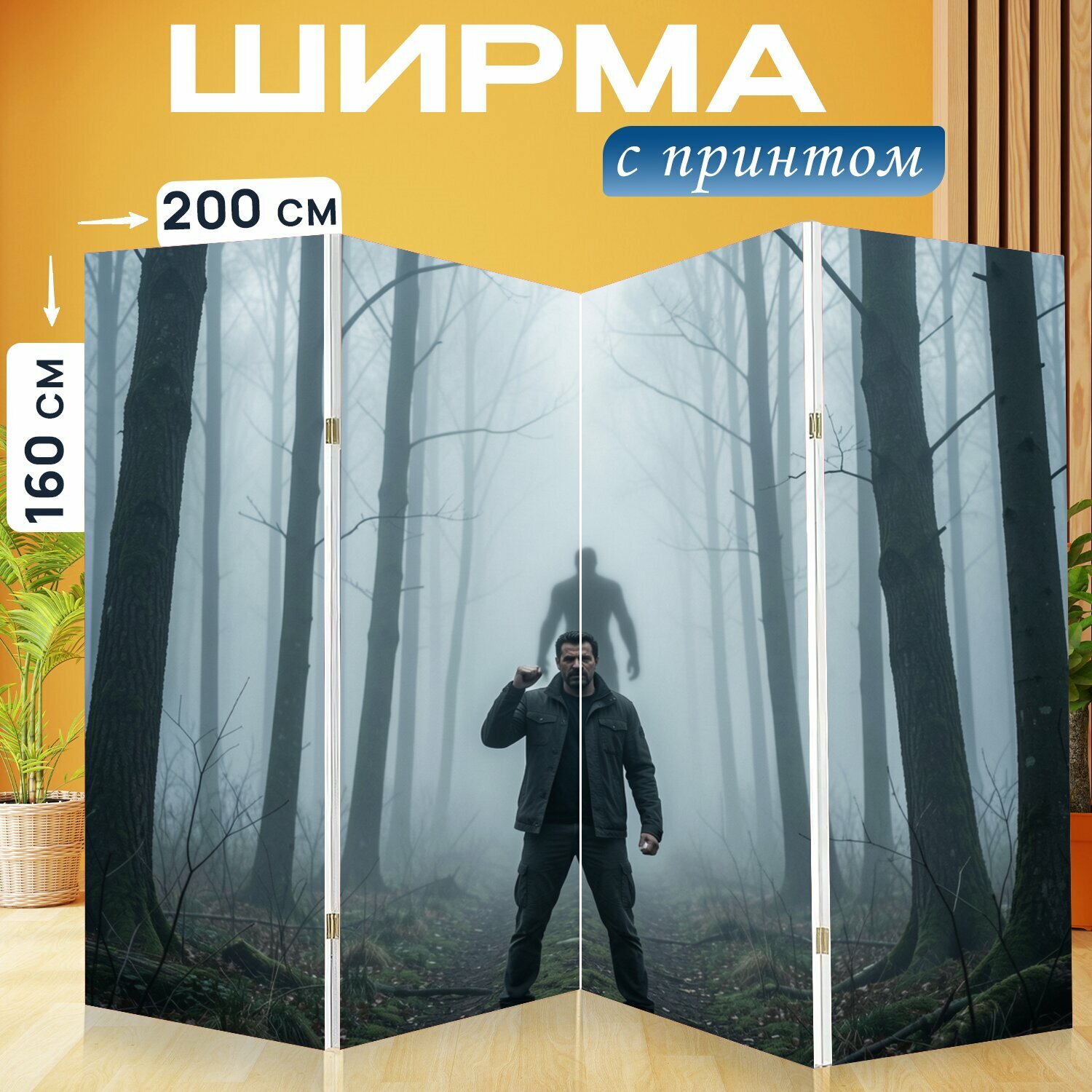 Ширма "Человек в туманном лесу. Мрачная кинематографичная сцена: мужчина на лесной тропе, позади него силуэт." перегородка для зонирования комнаты с принтом 200x160 см. на холсте