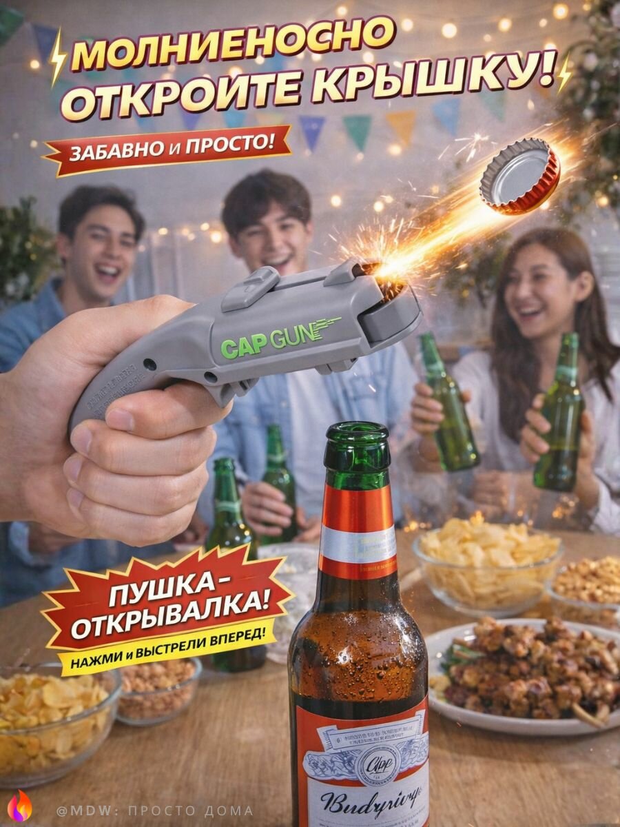Открывалка для бутылок CAP GUN серая, пистолет-открывалка для пива с выстрелом крышки, прикольный аксессуар для вечеринки