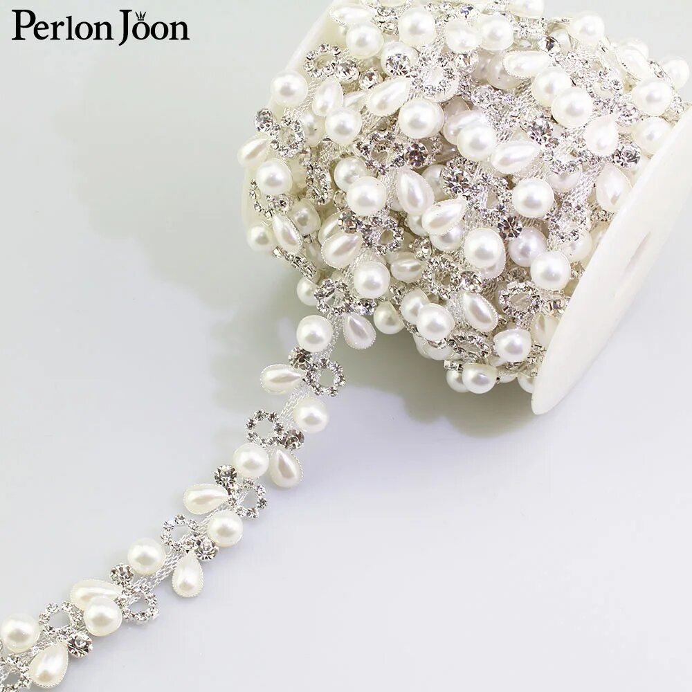 Лента стразовая с жемчугом Perlon Joon, 1 yard, Gold — фото 1