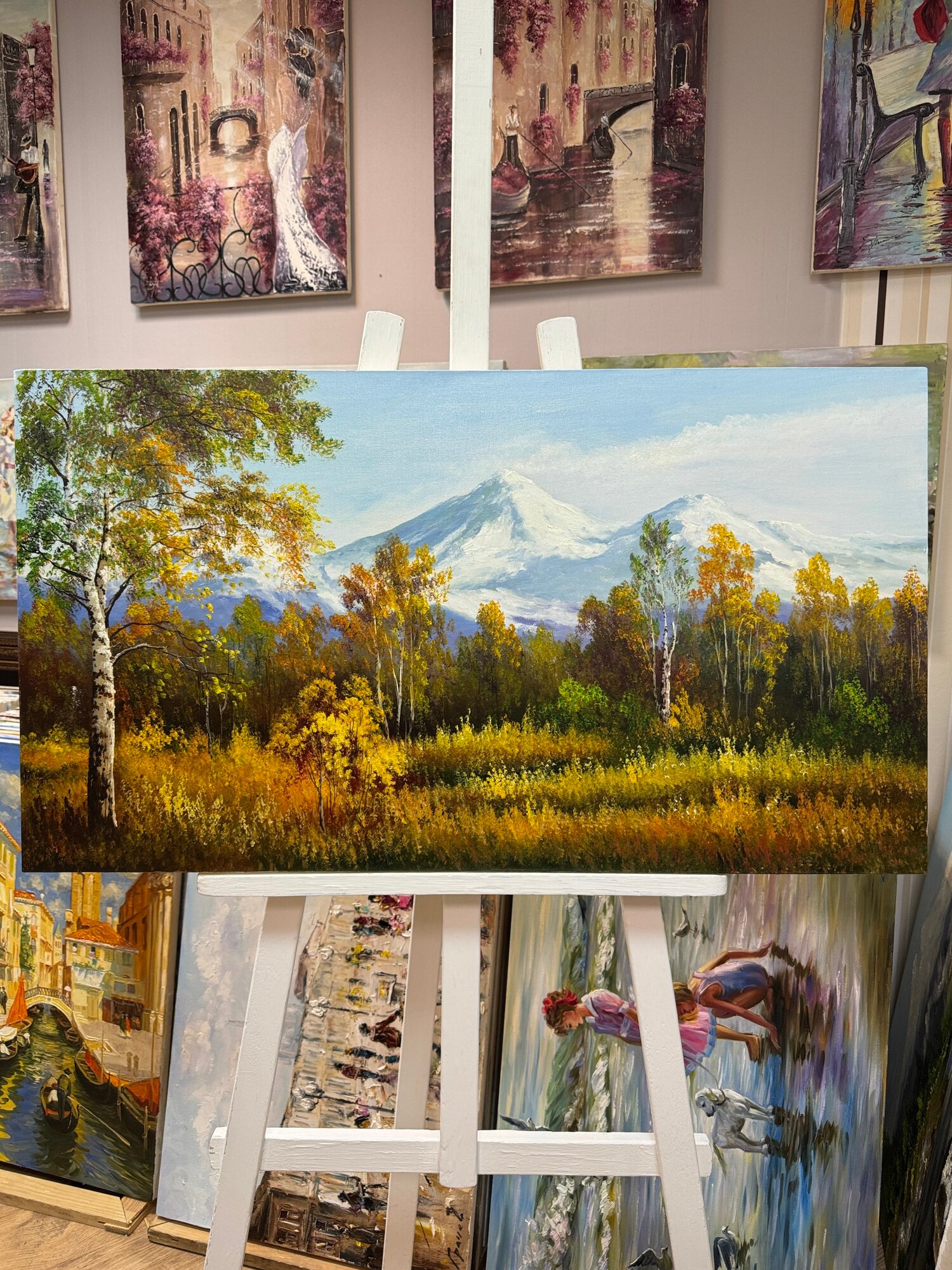 Картина маслом Эльбрус, горный осенний пейзаж. Природа 50х90 см. Художественная мастерская Грёзы.