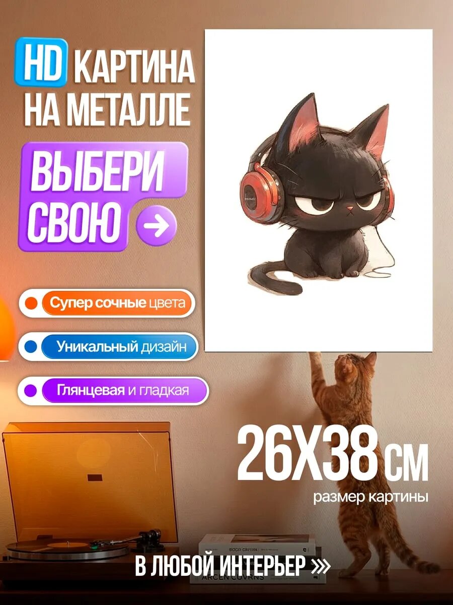 Картина на HD металле Черный кот в наушниках