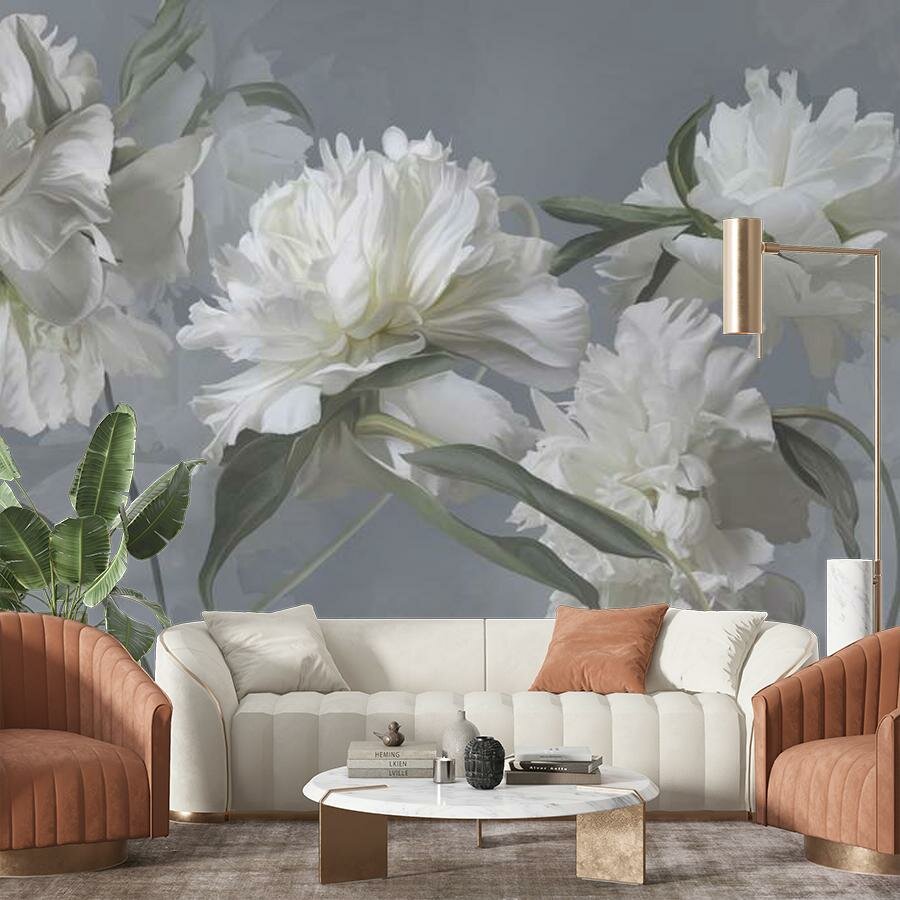Фотообои Белые цветущие пионы 13-1006-M-Флок 270 x 300 см (ВхШ) Бесшовные, флизелиновые, влагостойкие обои