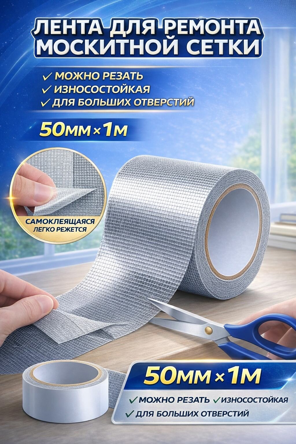 Лента для ремонта москитной сетки, самоклеящаяся, 50 мм x1 м, стекловолокно, серая