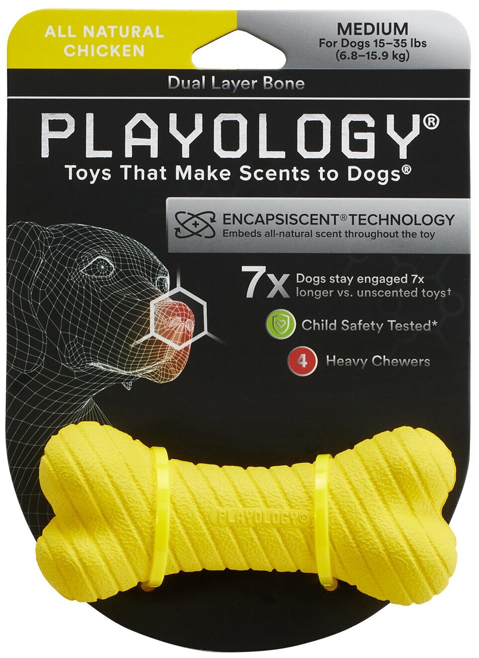 Playology двухслойная жевательная косточка DUAL LAYER BONE с ароматом курицы, средняя, желтый