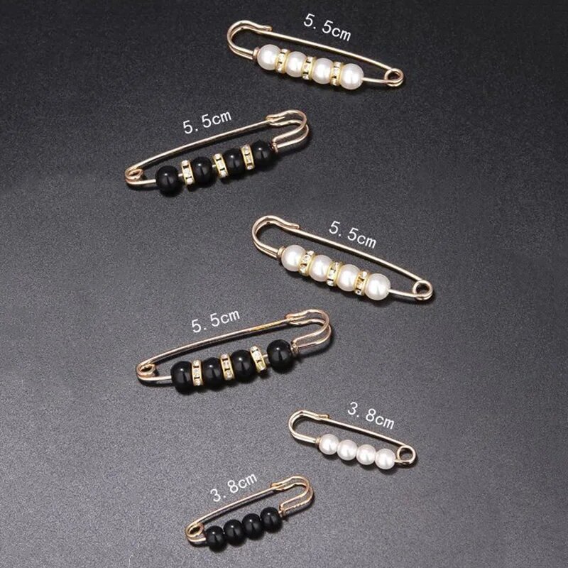 Булавка для одежды с жемчугом и черными бусинами, 5.5 см, Metal color: 4
