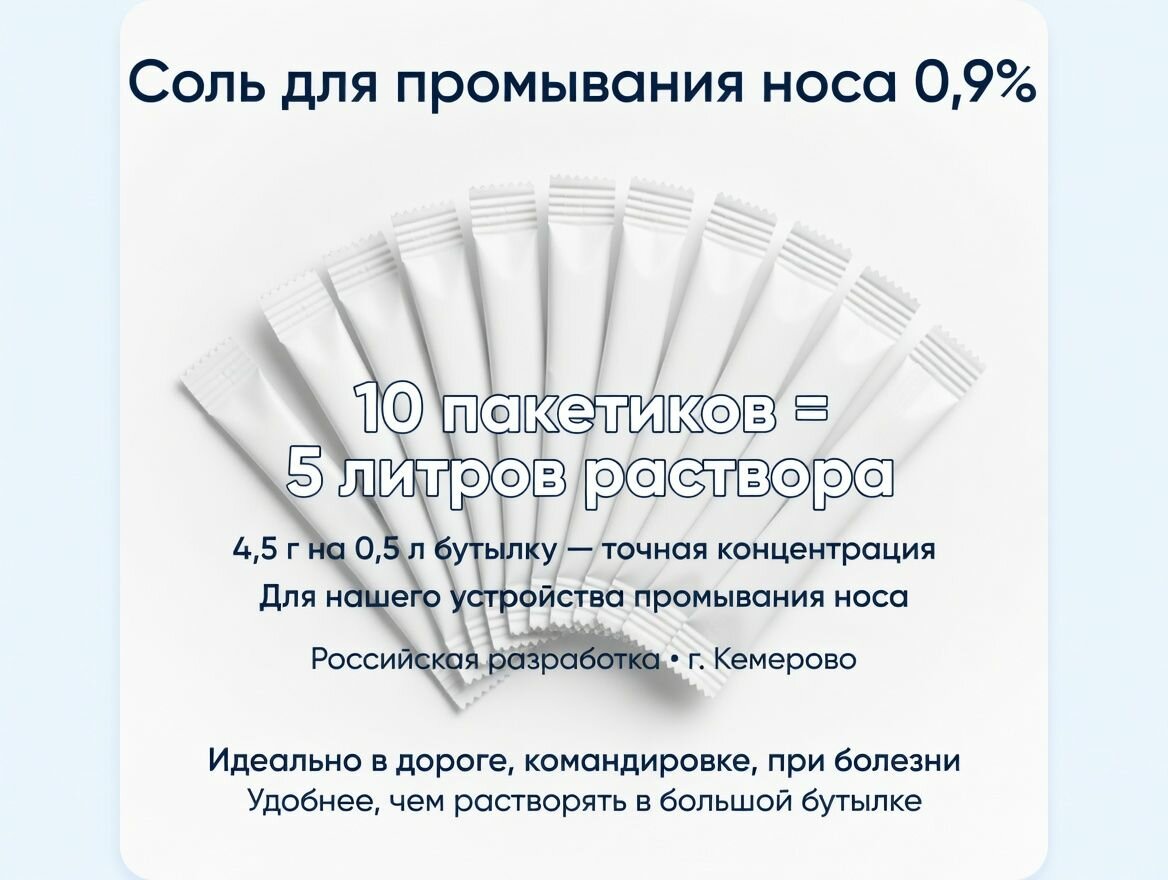 Соль для промывания носа 0,9% (10 пакетиков 4,5 г) точный раствор для 0,5 л бутылки