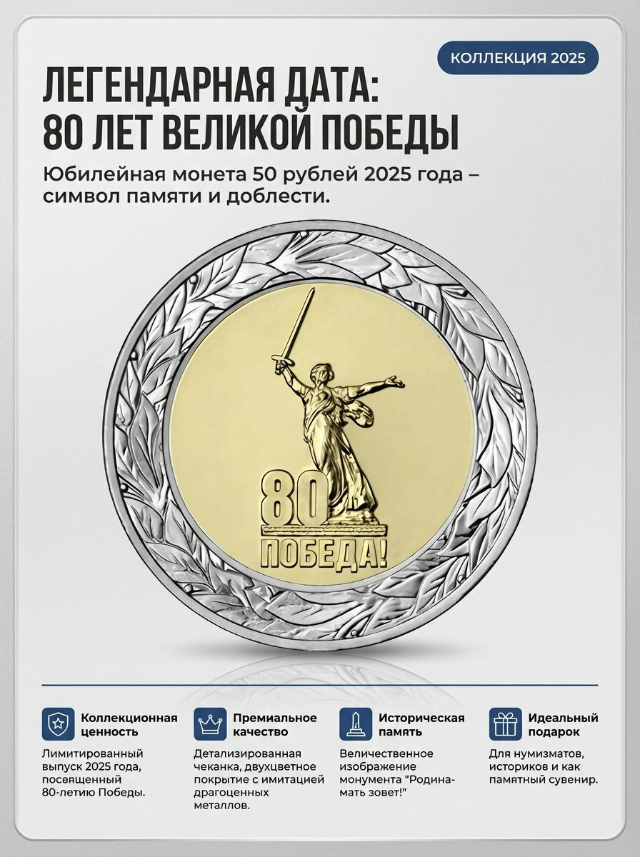 50 рублей 2025 года 80 лет Победы, ВОВ