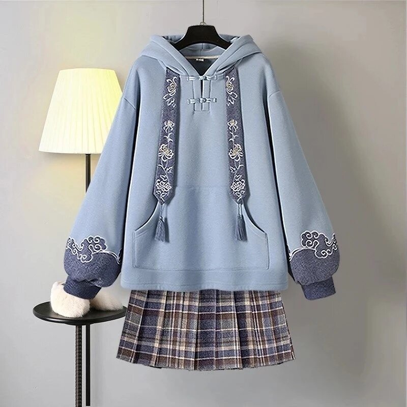 Женский утепленный костюм в китайском стиле, толстовка с капюшоном Hanfu, клетчатая юбка, комплект из двух предметов, JK, осенне-зимняя новая короткая юбка