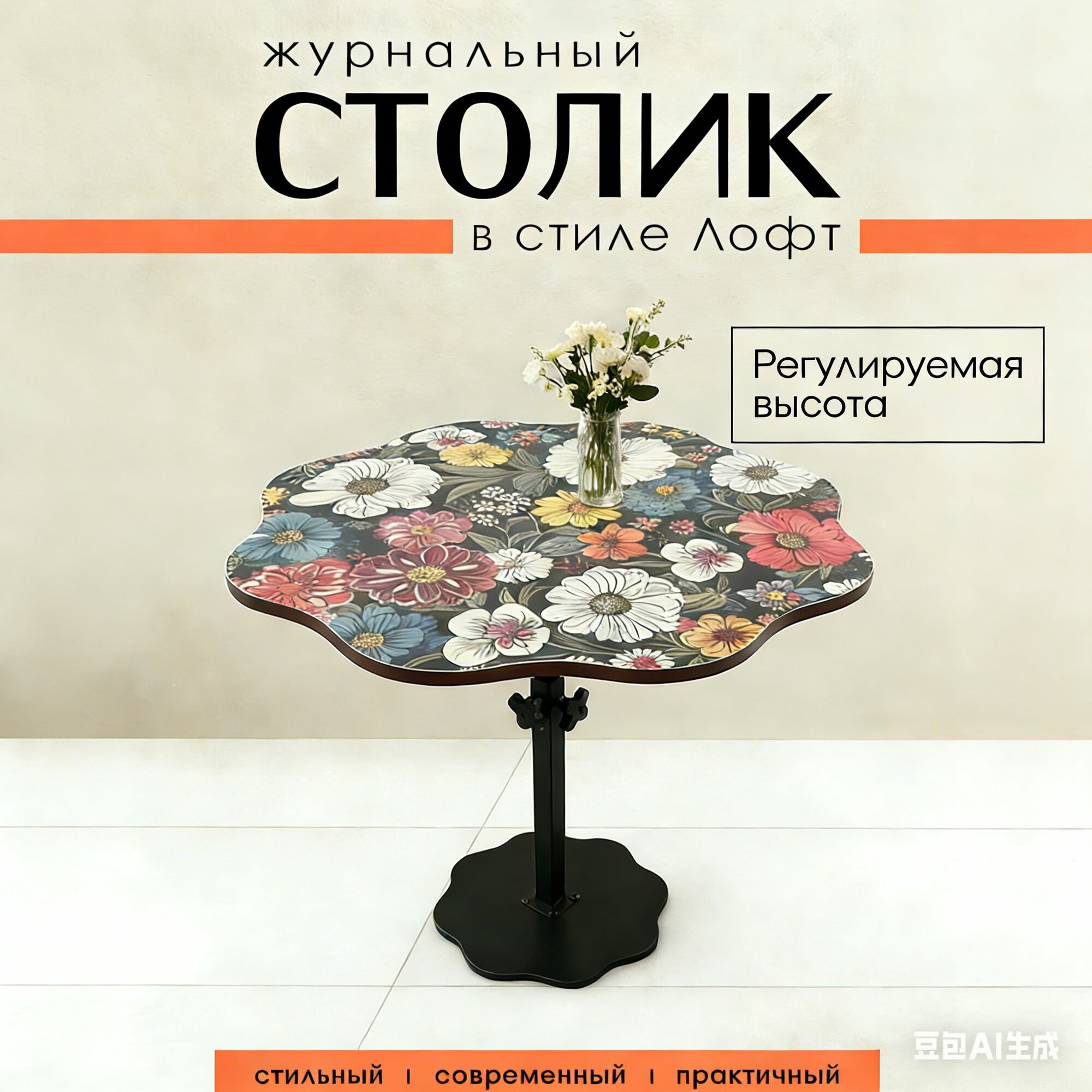 Журнальный столик круглый с регулировкой высоты 42–76,5 см, ретро-цветочная столешница, диаметр 40 см для дивана