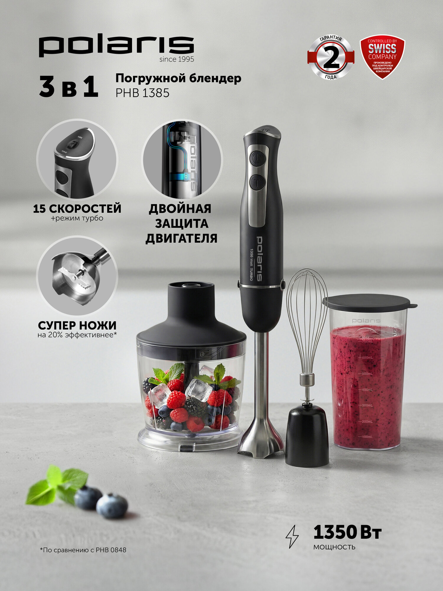 Блендер погружной PHB 1385 ручной мощный с насадками, измельчитель, миксер, черный