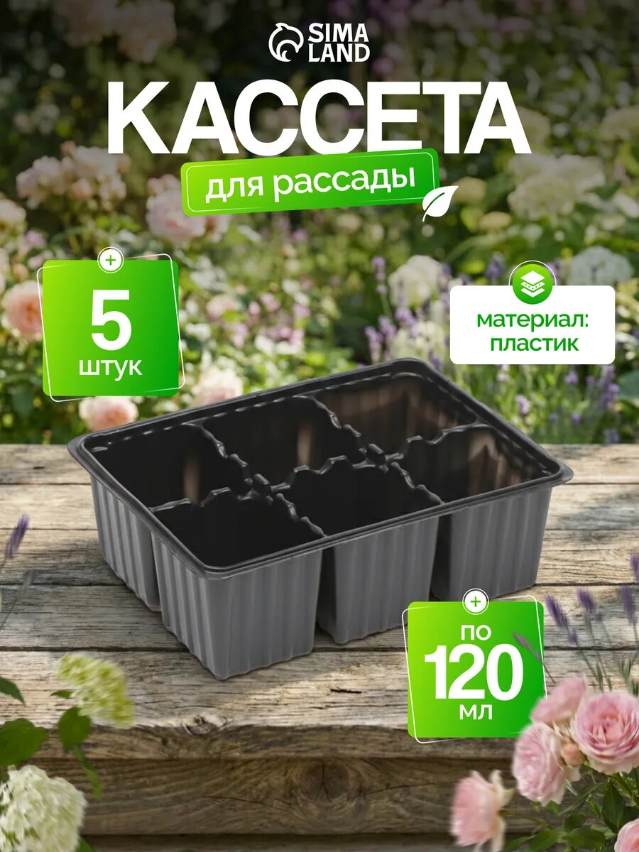 Кассета для рассады, 6 ячеек по 120 мл, пластик, чёрная, набор 5 шт.