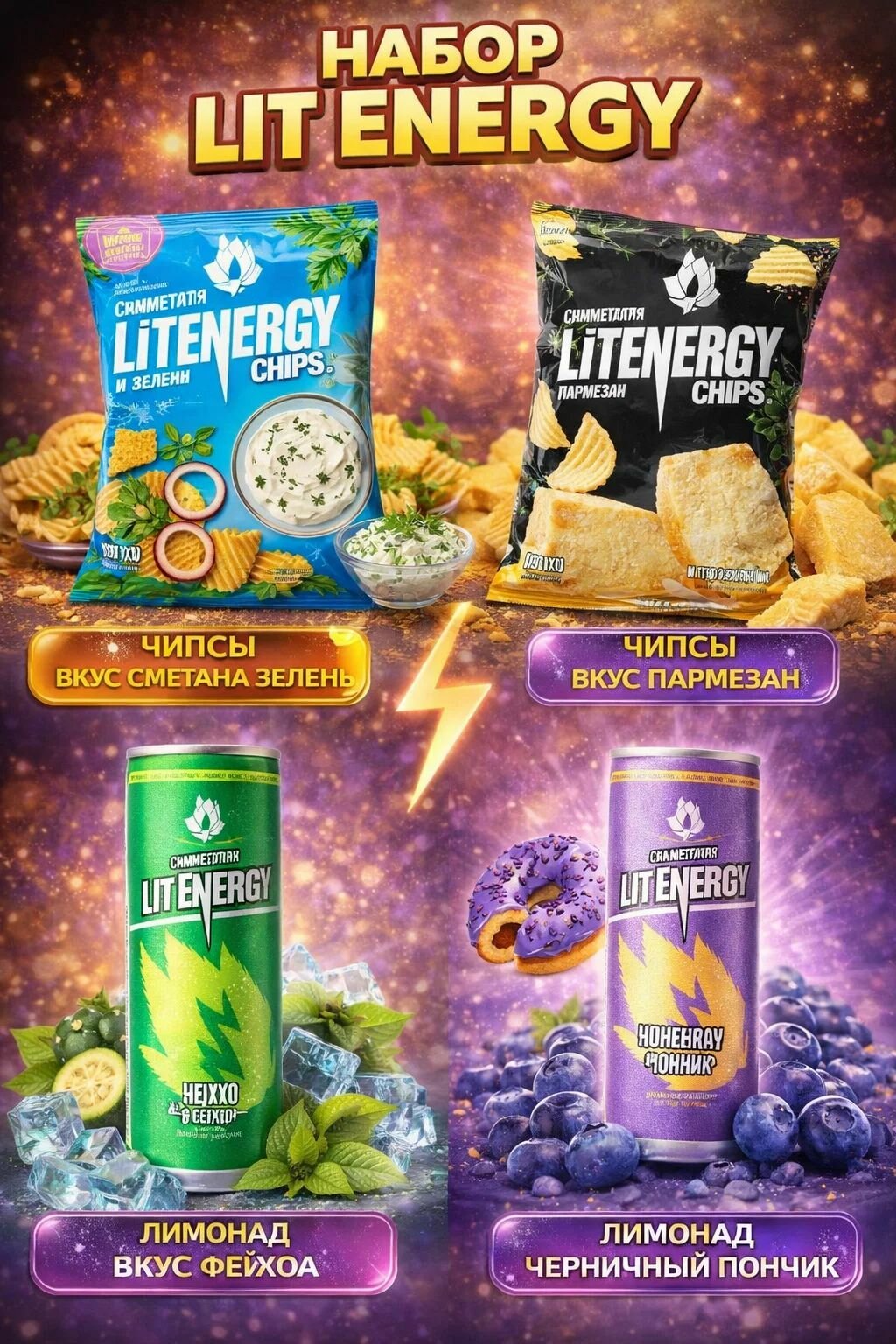 Набор LIT ENERGY: картофельные чипсы Сметана и зелень + Пармезан 2 120 г и напитки LIT Feijoa + Blueberry Donut