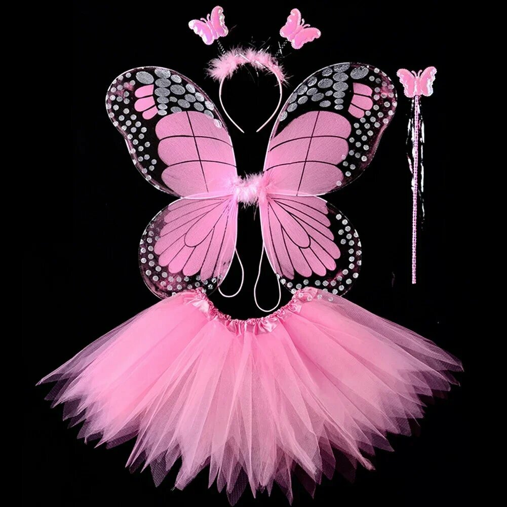 Детский костюм принцессы с крыльями бабочки 3/4 шт. Розовый, 4pcs Pink