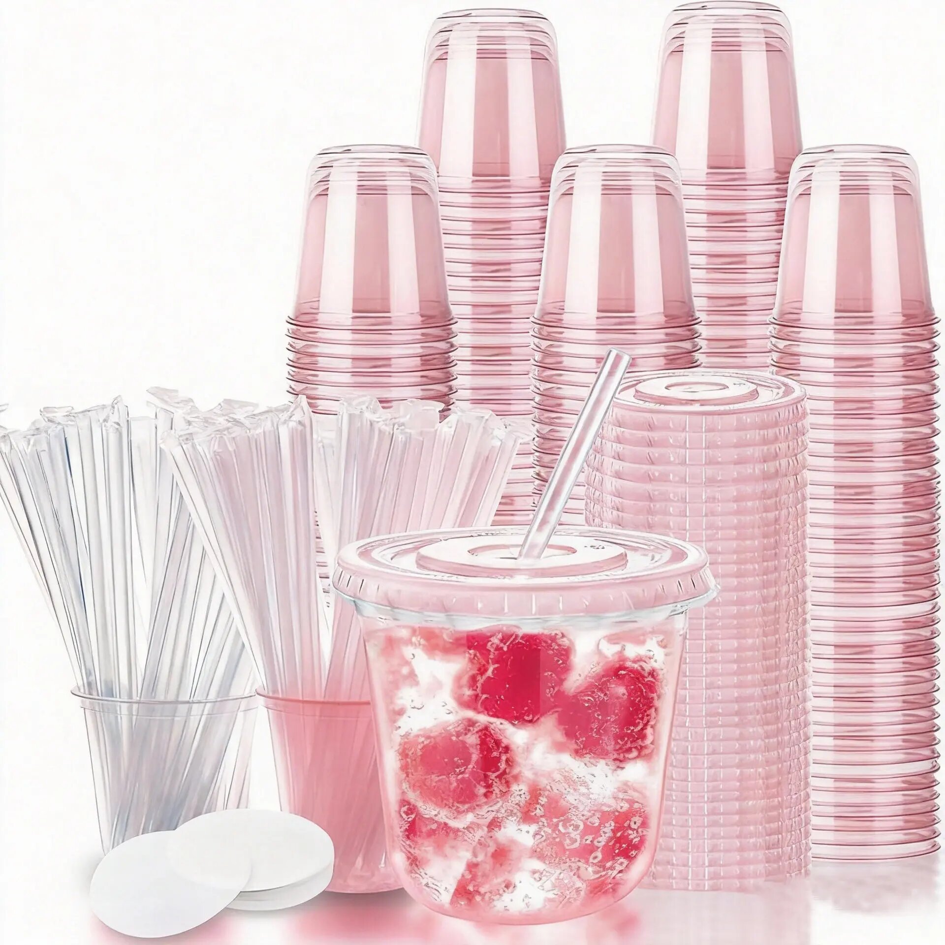 Одноразовые розовые пластиковые стаканы 12 унций для холодных Розовый, 12oz lid straw 350ML