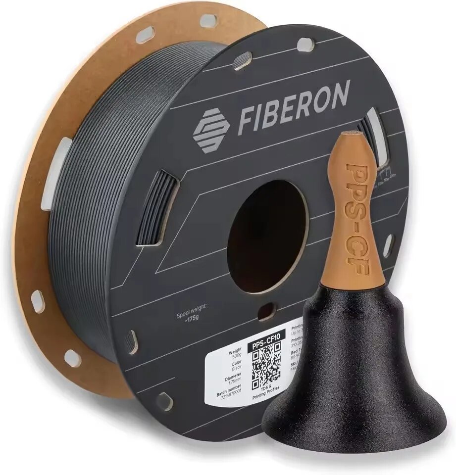 Филамент Polymaker Fiberon PPS-CF10, армированный углеродным волокном, черный, диаметр 1,75 мм, катушка 0,5 кг, экстремально термостойкий, для 3D-печати