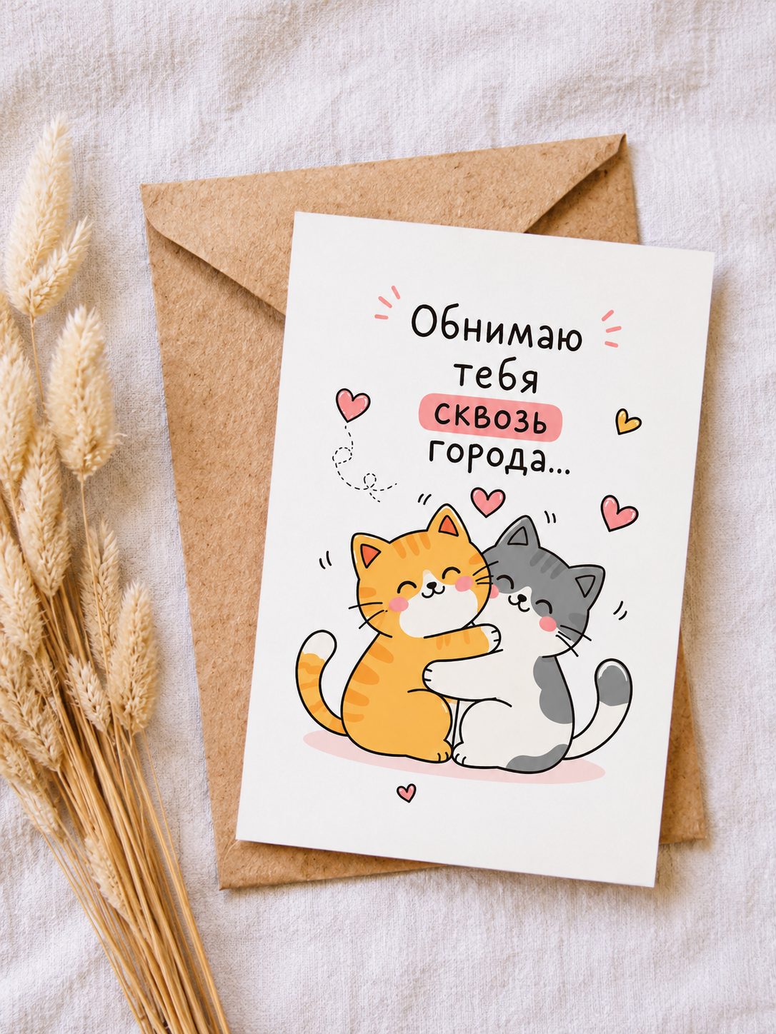 Открытка «Обнимаю тебя сквозь города» с милыми котиками, романтическая открытка 10×15 см с крафт-конвертом