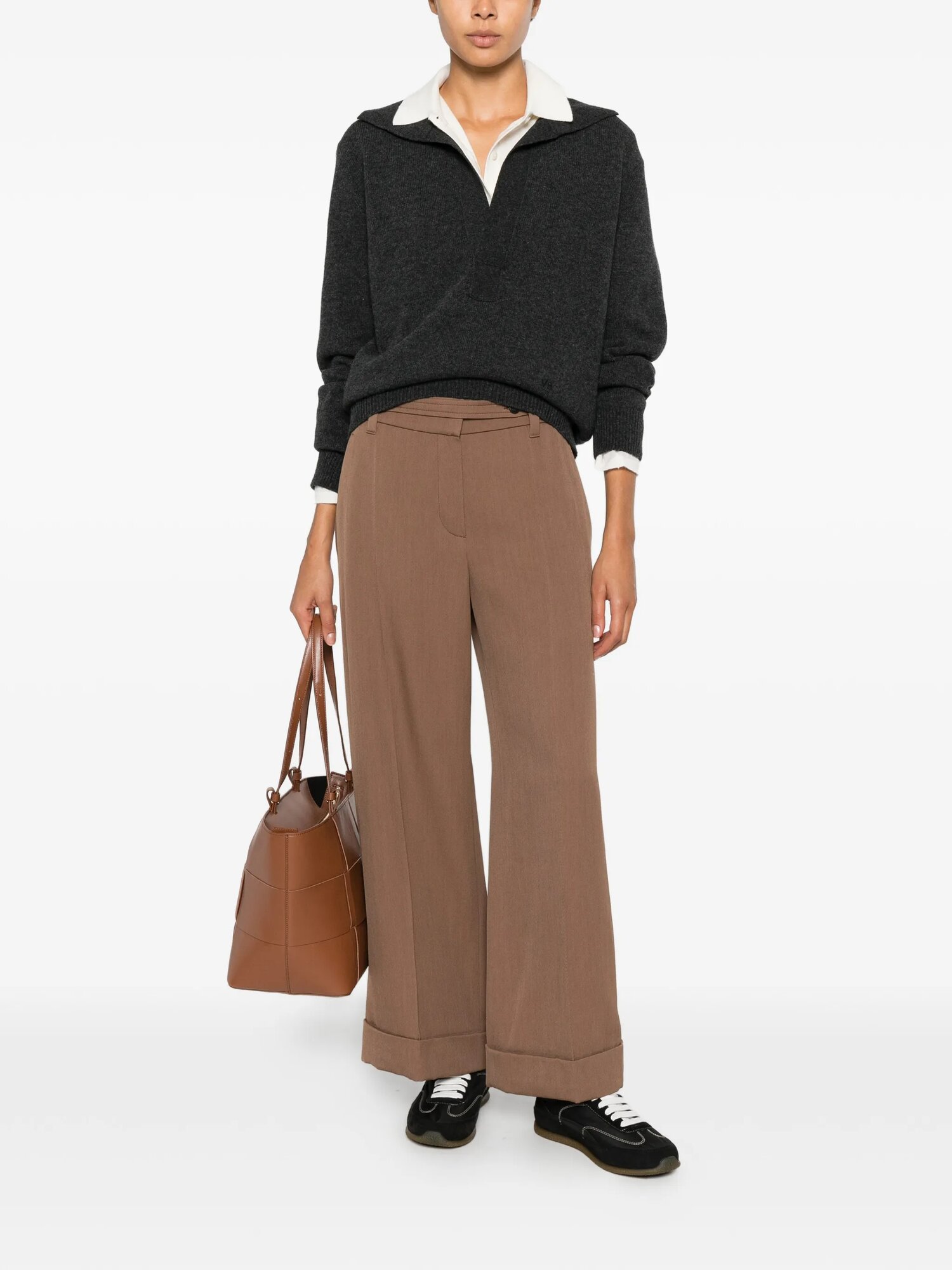 Брюки BRUNELLO CUCINELLI Cuffed wide-leg wool trousers, размер 46, brown — фото 1