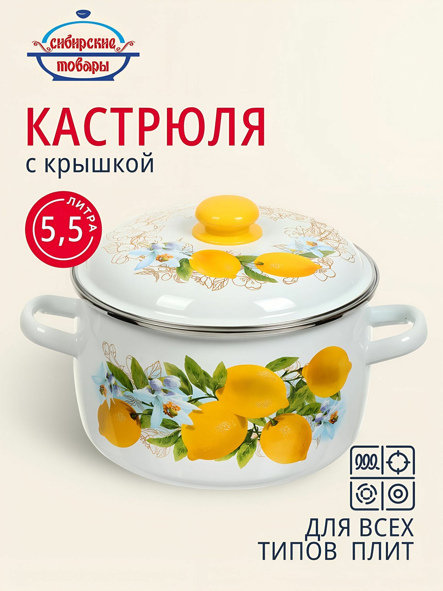 Кастрюля эмалированная 5.5 литров с крышкой для индукционной плиты, Сибирские товары