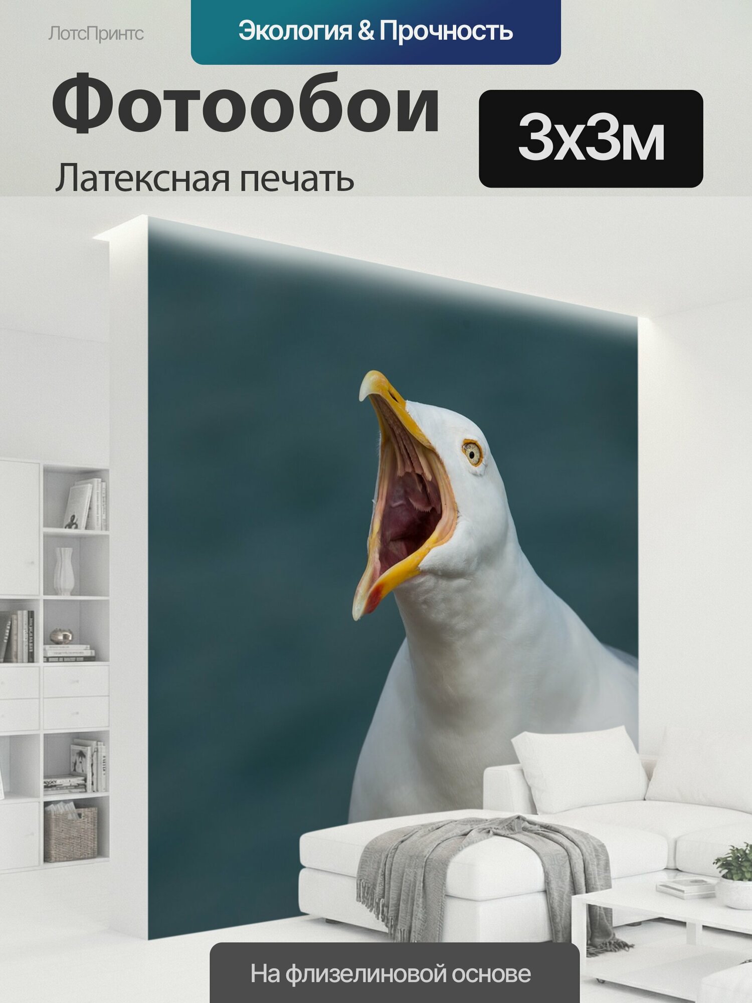Фотообои моющиеся ударопрочные "Чайка, крик, крик шее" 300x300 см. латексная печать