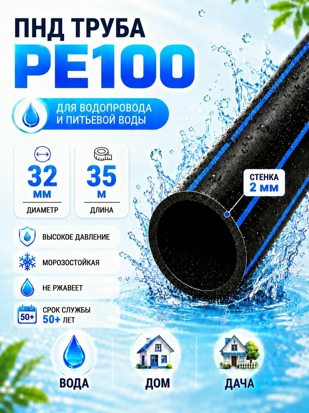 Труба питьевая напорная ПНД, диаметр 32 х 2 мм, 35 метров, черный