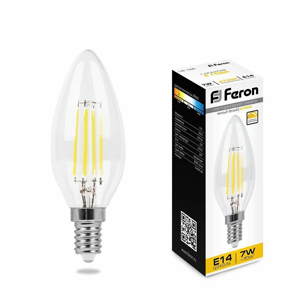 Лампа светодиодная Feron LED, 7 вт, Е14, свет теплый, свеча, FILAMENT, диммируемая