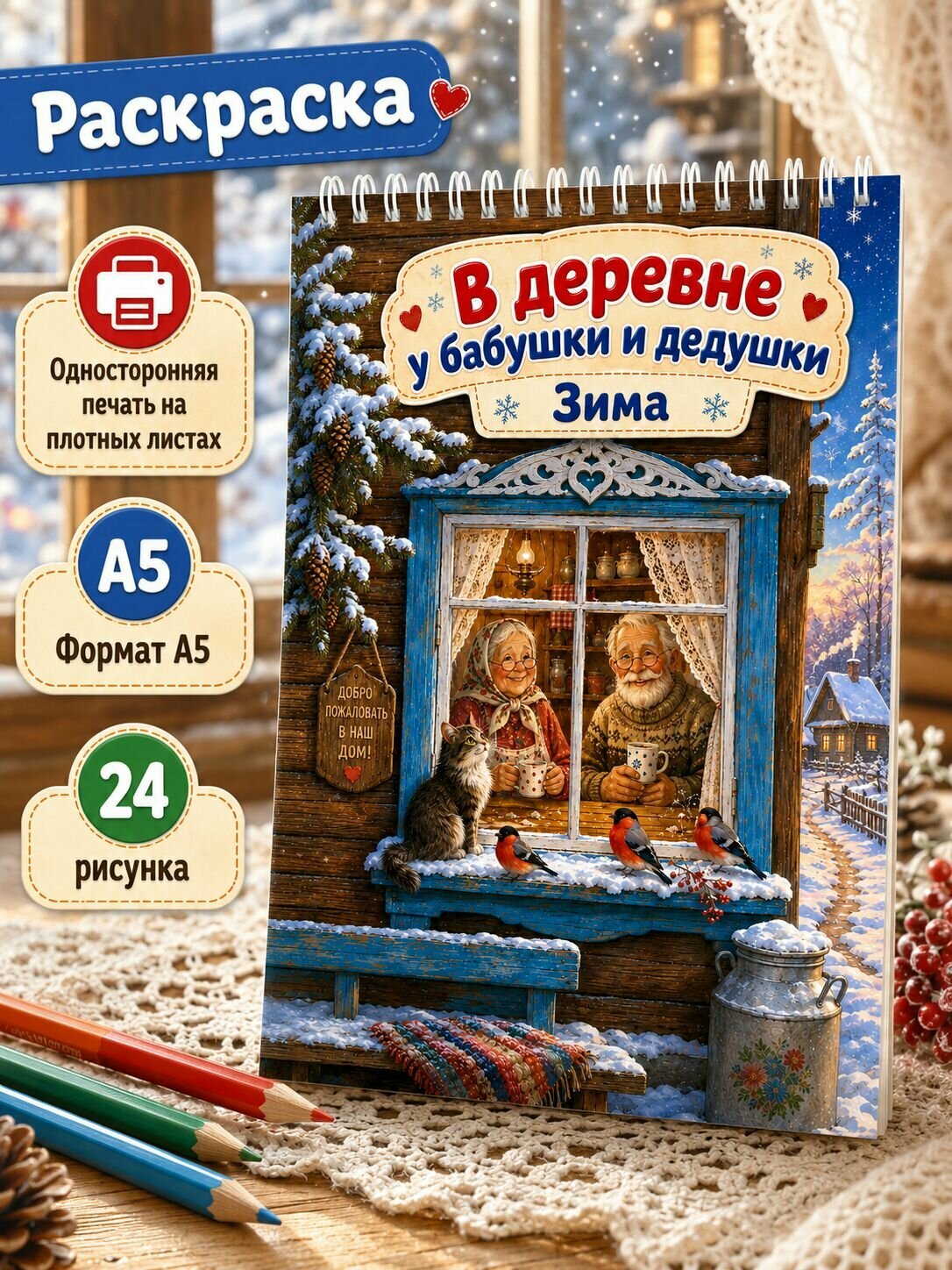 Уютная раскраска Зима в деревне у бабушки и дедушки