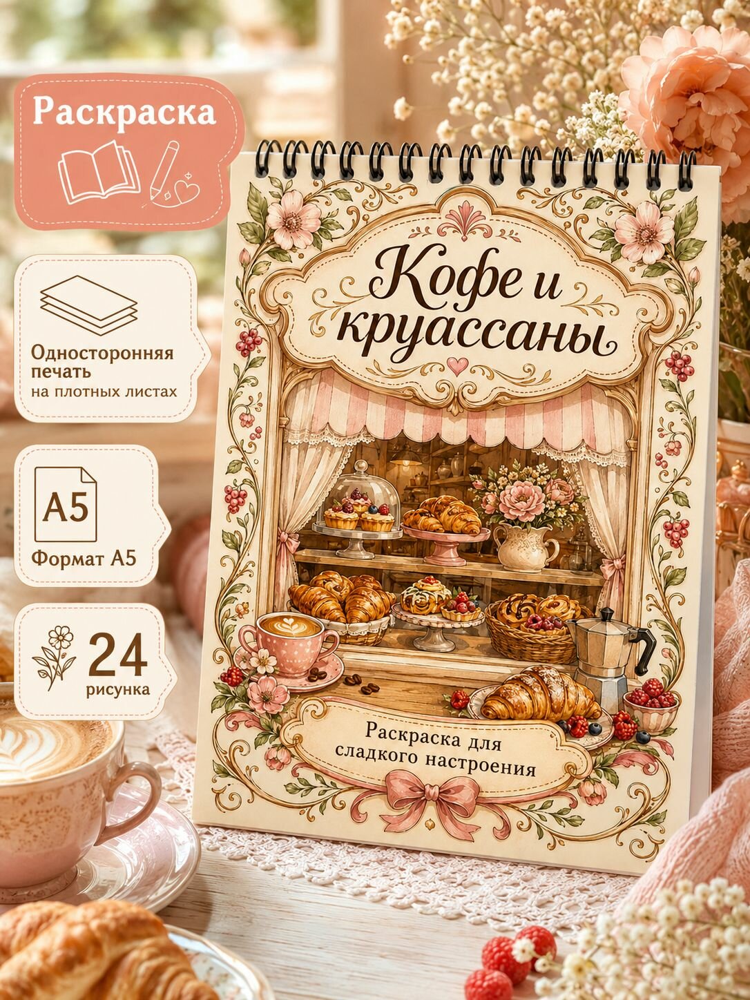 Раскраска антистресс Кофе и круассаны. Раксраска для сладкого настроения