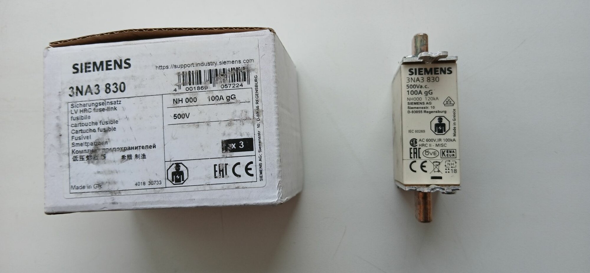 Плавкая вставка (предохранитель) 100А, 500V Siemens 3NA3830